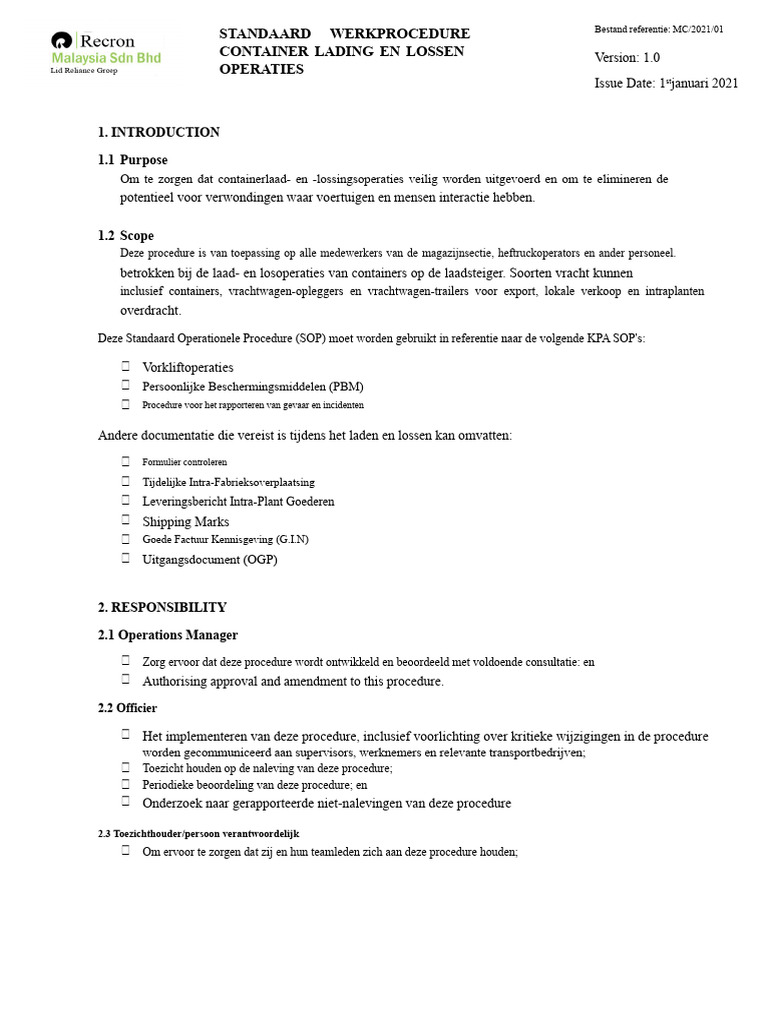 SOP Container Laden en Lossen | PDF