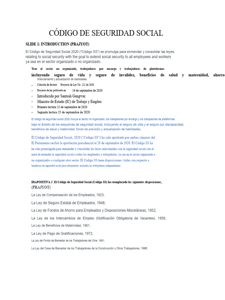 Código de Seguridad Social 2020 en India | PDF | Derecho laboral ...