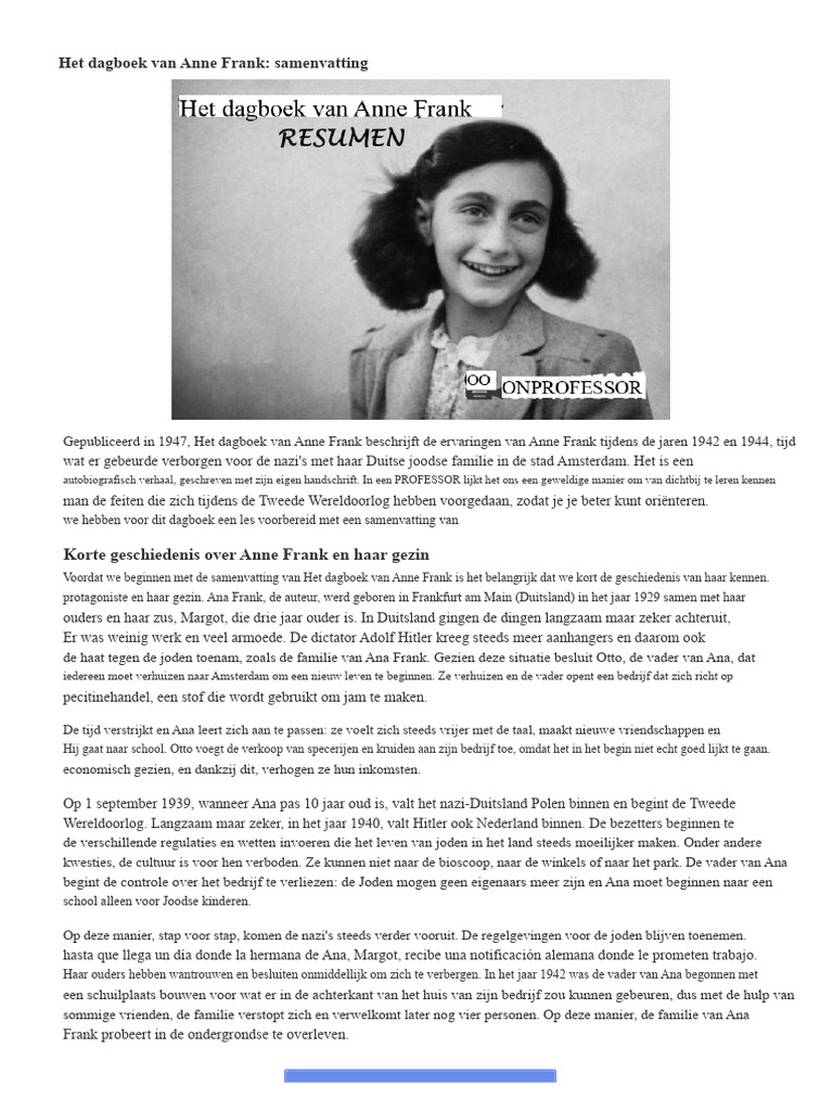 Het Dagboek Van Anne Frank - Samenvatting | PDF