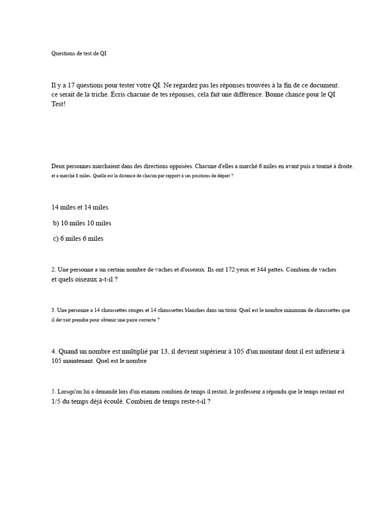 Test de QI : 17 questions et réponses | PDF