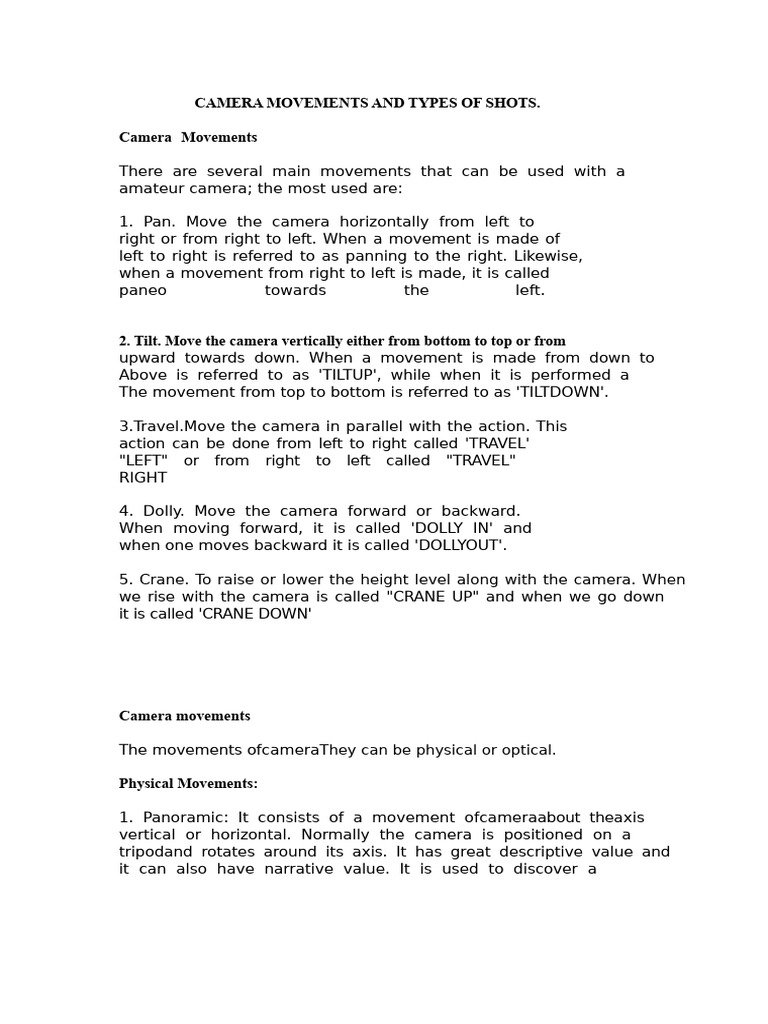 Camera Movements and Types of Shots | PDF | Camera | Camera Lens