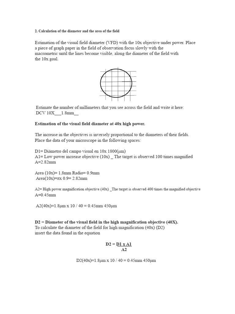 Visual Field Diameter and Area Calculations | PDF