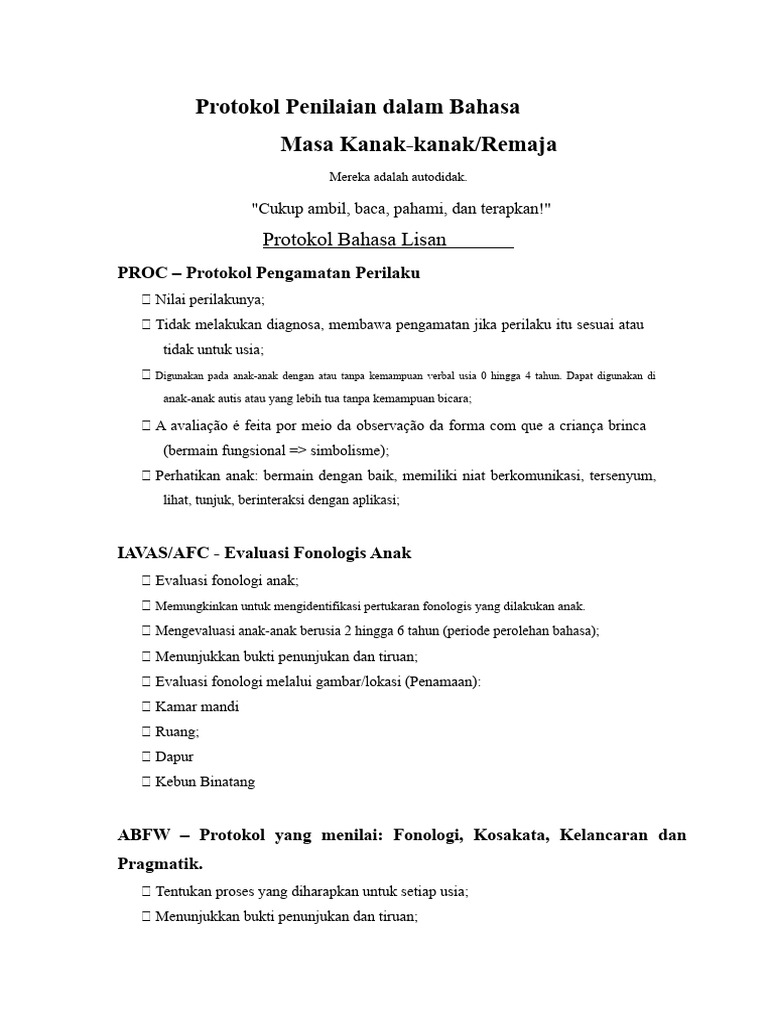 Protokol Penilaian Bahasa Anak dan Remaja | PDF