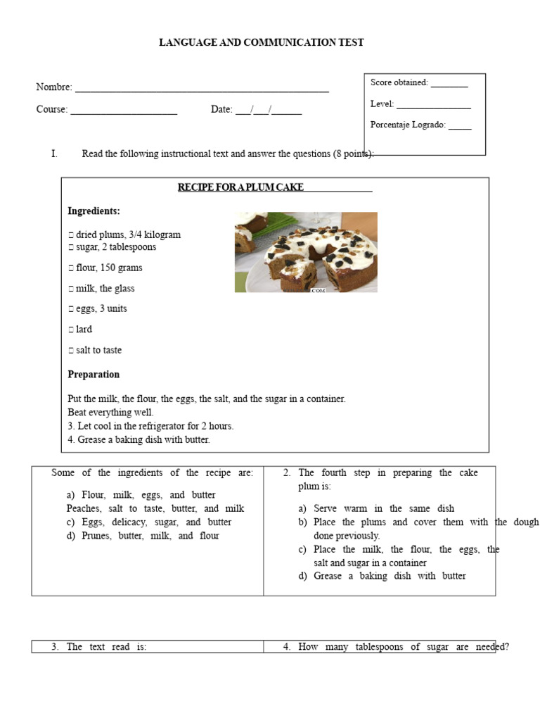 LANGUAGE AND COMMUNICATION TEST instructional text.doc | PDF | Cakes ...