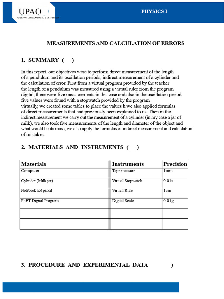 Physics Measurements and Error Analysis | PDF | Measurement | Pendulum