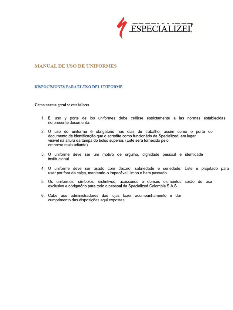 Normas para Uso de Uniformes na Specialized | PDF