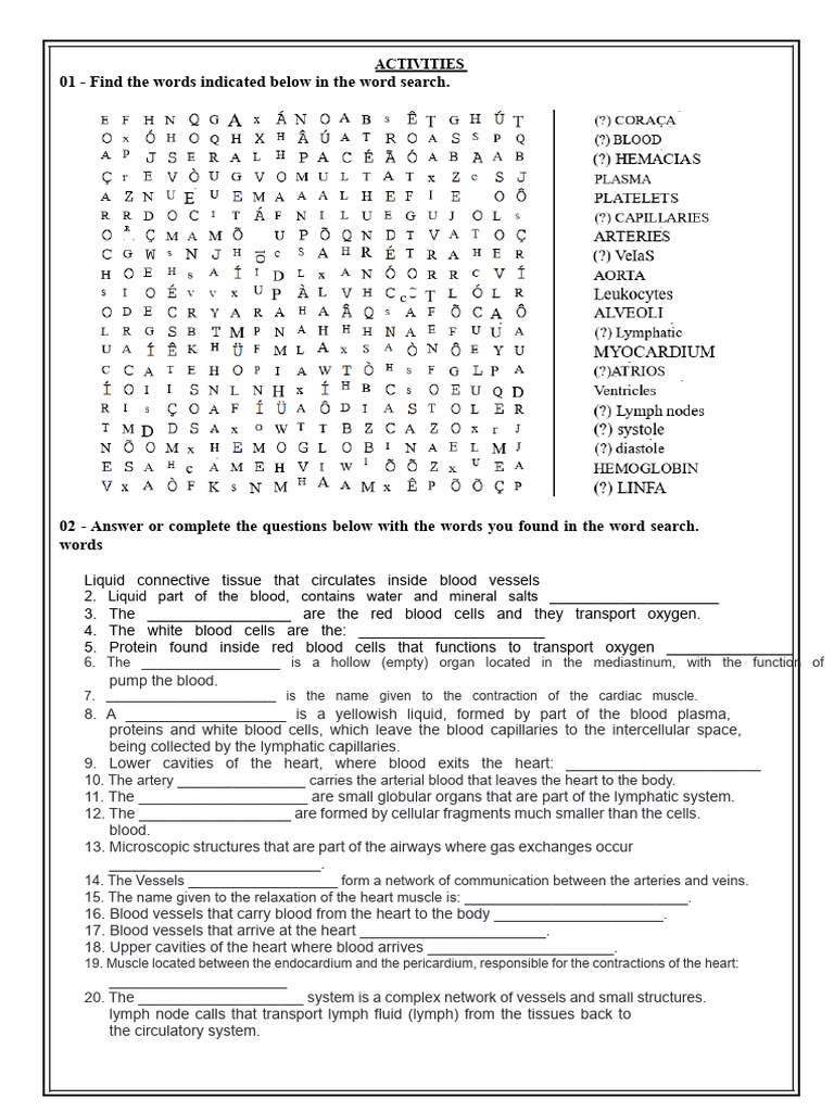 Blood Circulation Word Search Activity | PDF | Lymph | Heart