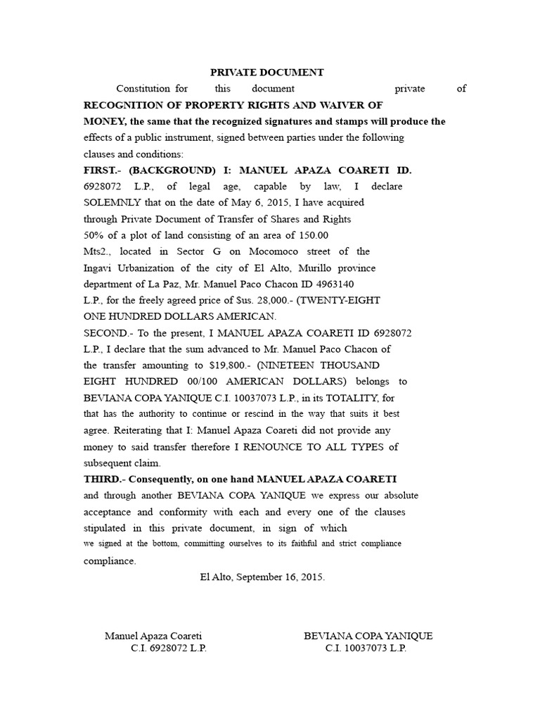 RECOGNITION OF PROPERTY RIGHT AND WAIVER OF MONEY | PDF