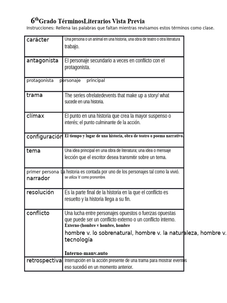 Términos Literarios de Sexto Grado Clave | PDF