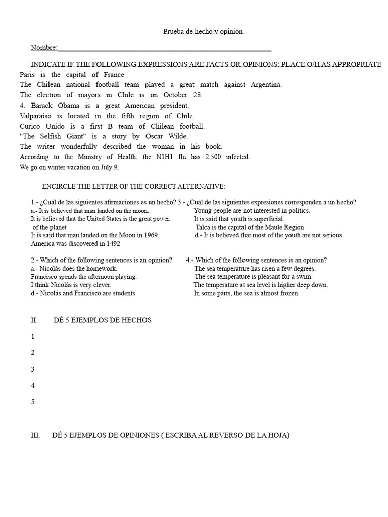 Fact and Opinion Test.docx | PDF