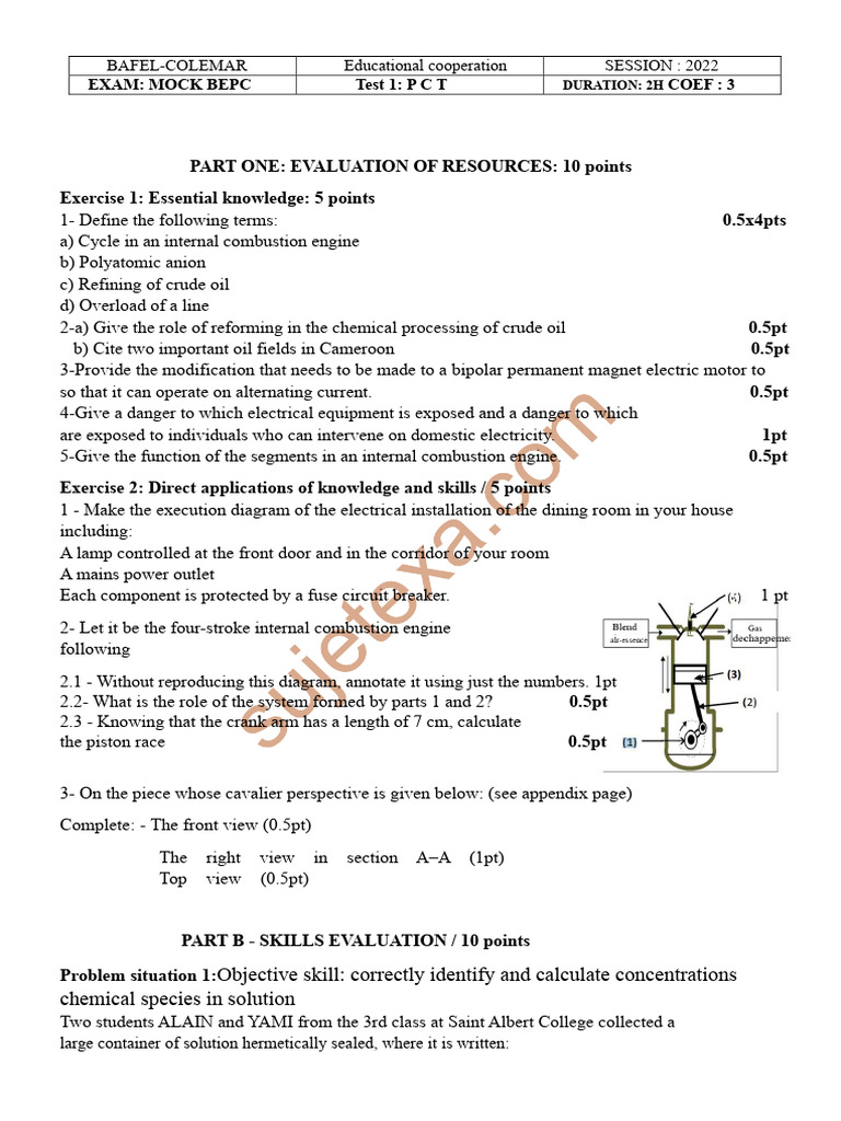 PCT - BAFEL–COLEMAR - MOCK BEPC EXAM - SESSION 2022 CAMEROON | PDF
