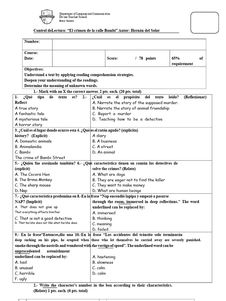 reading comprehension 4th grade The crime on Bambi street 4th grade | PDF