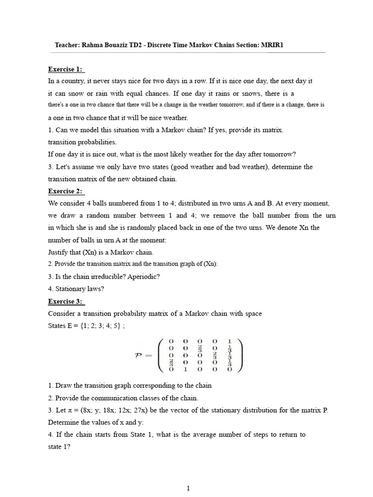 TD2 - Discrete Time Markov Chains | PDF