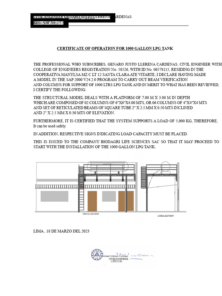 LPG Tank Operation Certificate by Engineer | PDF