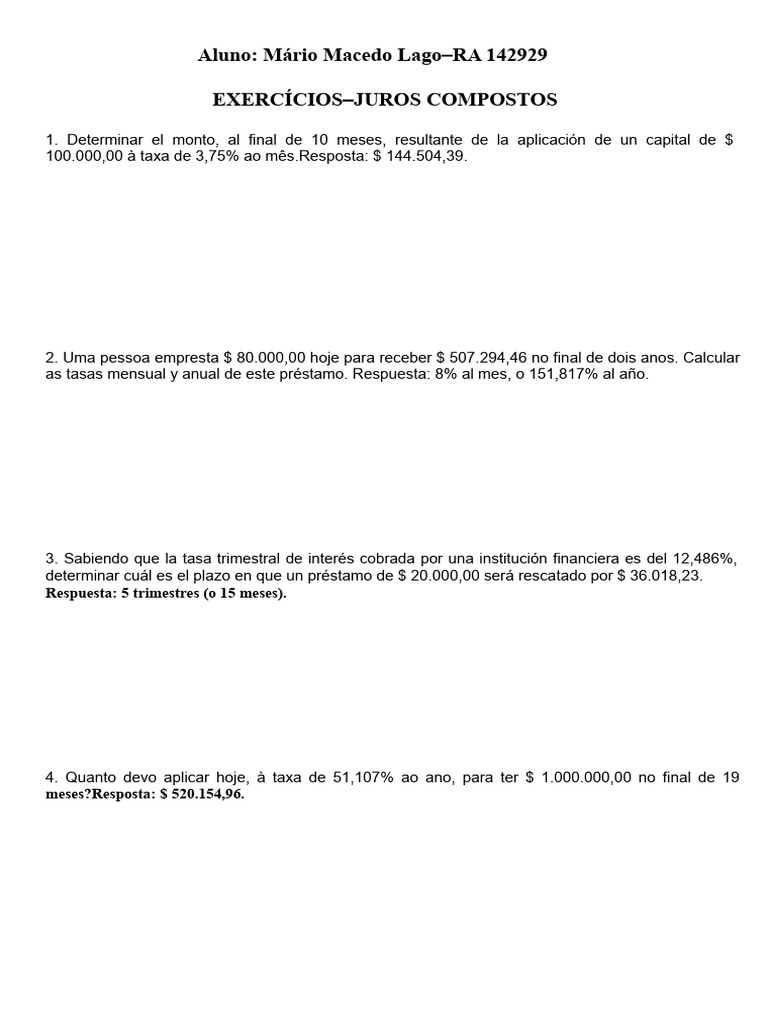 Ejercicios de Cálculo de Intereses Compuestos | PDF | Inversiones ...