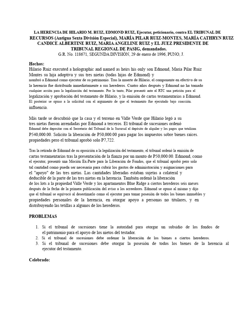 Herederos de Hilario Ruiz Vs Edmond Ruiz | PDF | Herencia | Albacea