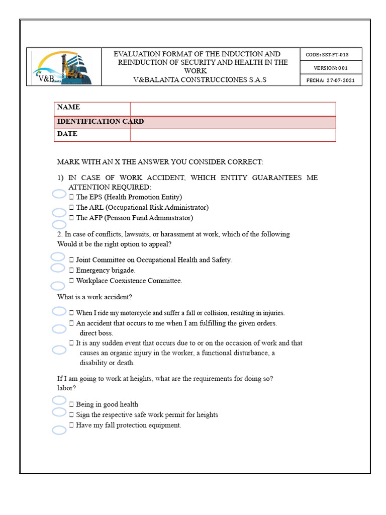 Evaluation Format For The Induction and Reinduction of Occupational ...