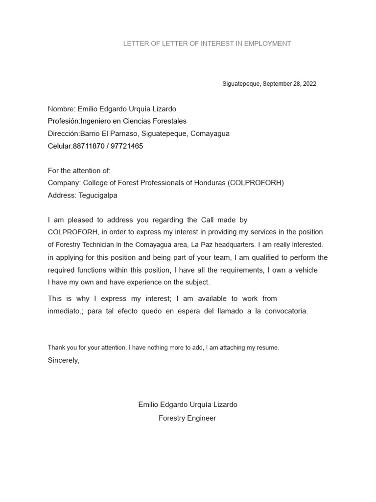Letter of Expression of Interest for Employment | PDF