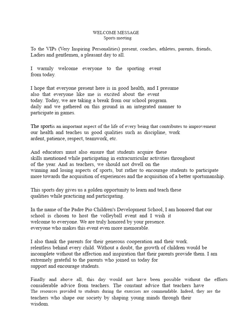 Welcome Message For Sports | PDF