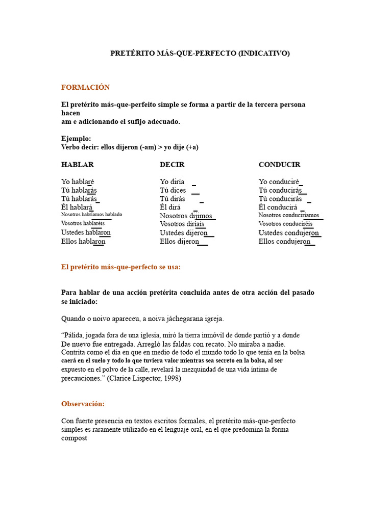 Pretérito Más Que Perfecto (Indicativo) | PDF | Verbo | Lingüística