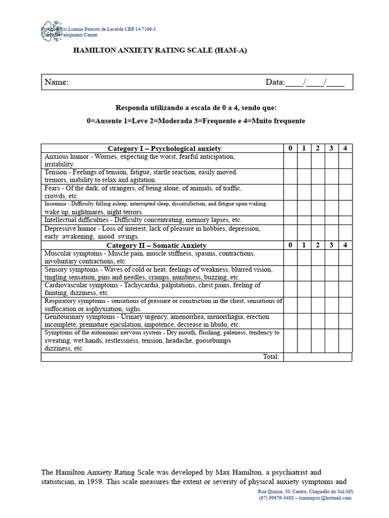 Hamilton Anxiety Scale (HAM-A) - psiluannapeixoto | PDF | Anxiety ...