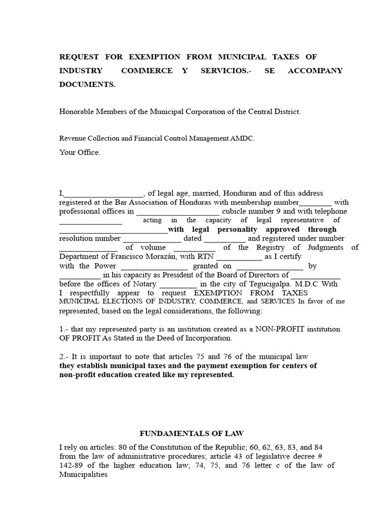 Model - Request - Exemption From Municipal Taxes | PDF