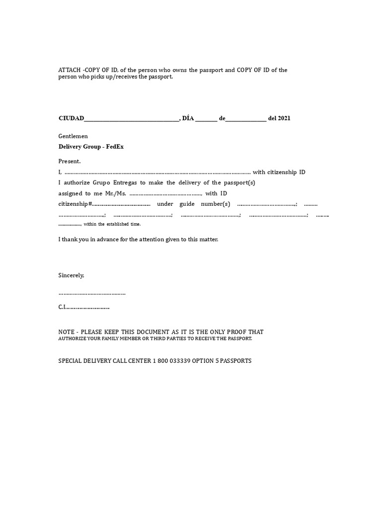 Passport Delivery Authorization Form | PDF