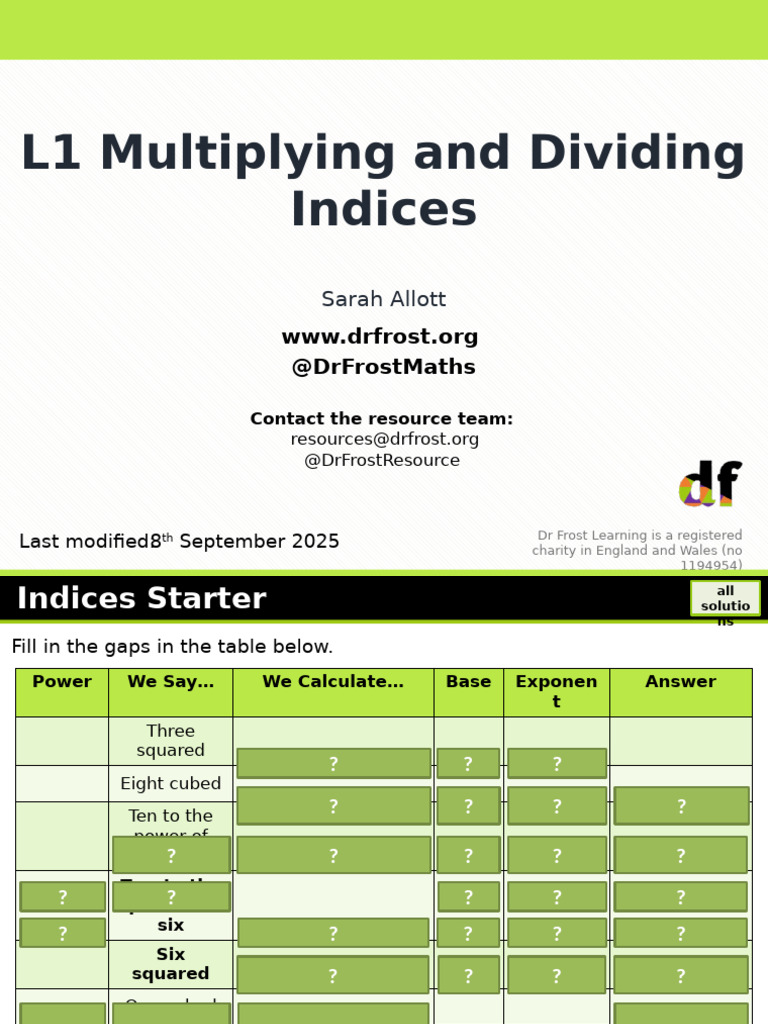 L1 Multiplying and Dividing Indices: Sarah Allott | PDF ...