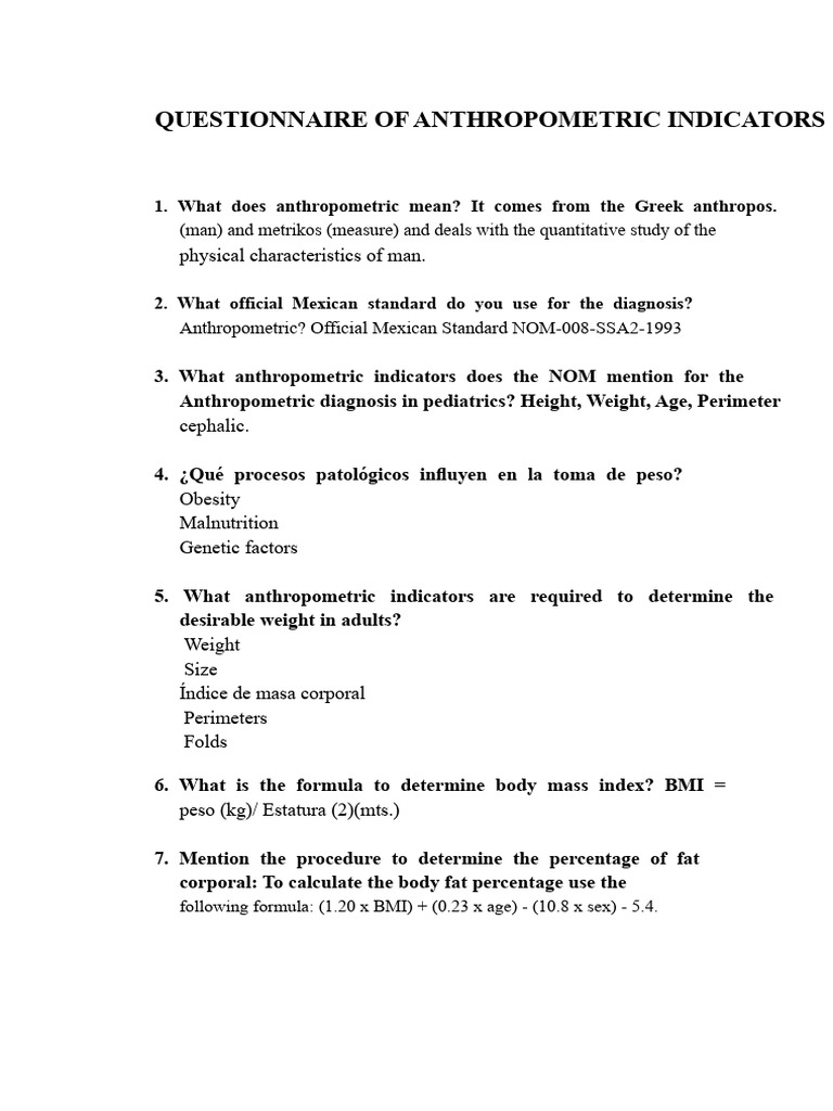 ANTHROPOMETRIC INDICATORS QUESTIONNAIRE | PDF | Body Mass Index ...