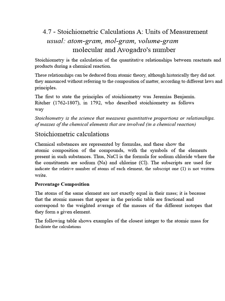 4.7 Stoichiometric Calculations A | PDF | Stoichiometry | Mole (Unit)