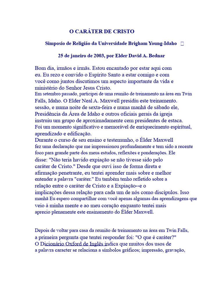 Élder Bednar o Caráter de Cristo | PDF | Jesus | Fé