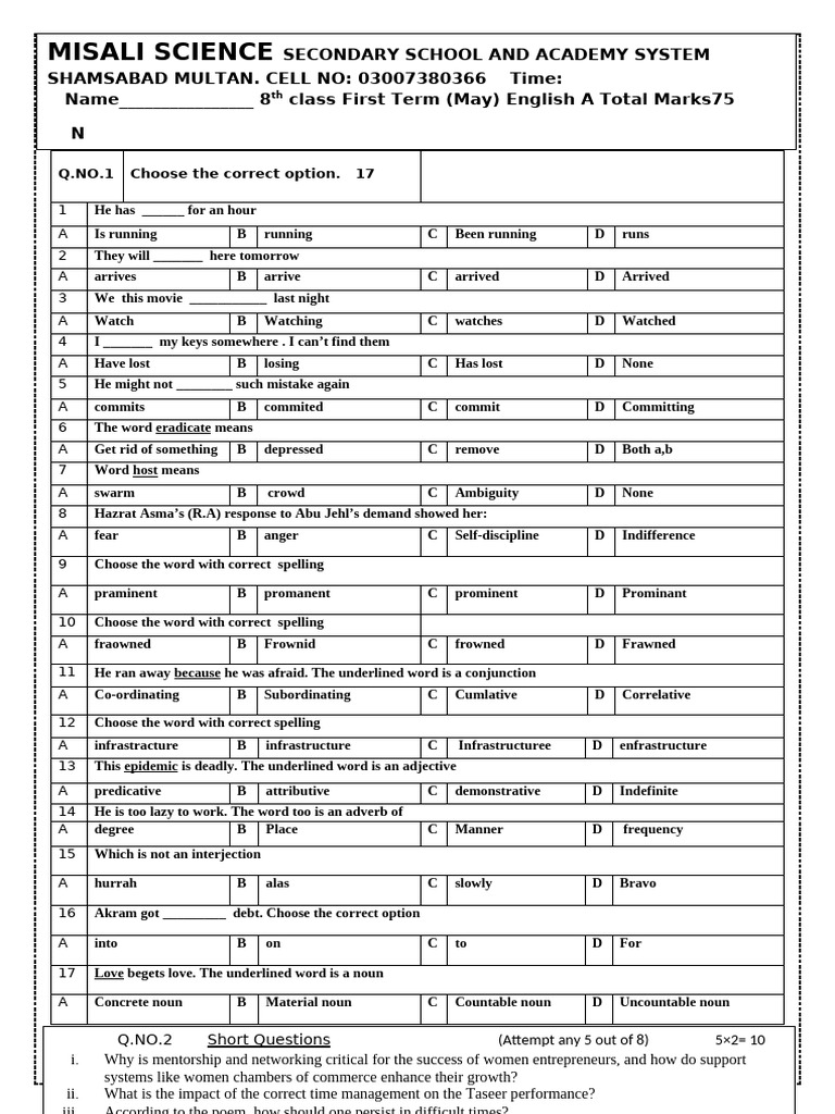 Class 8 Final Term Paper (Autosaved) | PDF | Noun | Adjective