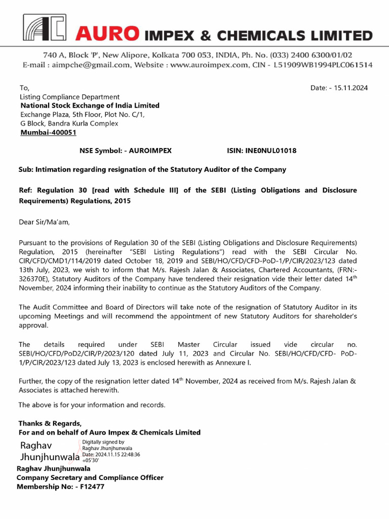 Resignation of Statutory Auditor | PDF | Audit | Auditor's Report