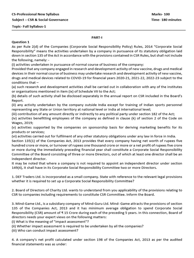CSR Practice Question Paper-Dec 2024 | PDF | Corporate Social ...