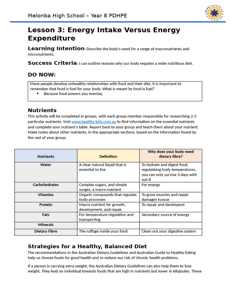 Lesson 3 - Energy Intake Versus Energy Expenditure | PDF | Fat | Nutrients