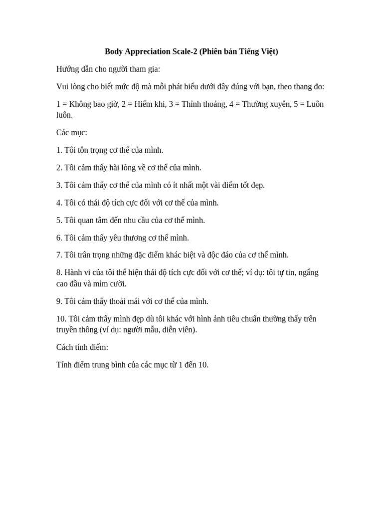 Body Appreciation Scale 2 VN | PDF