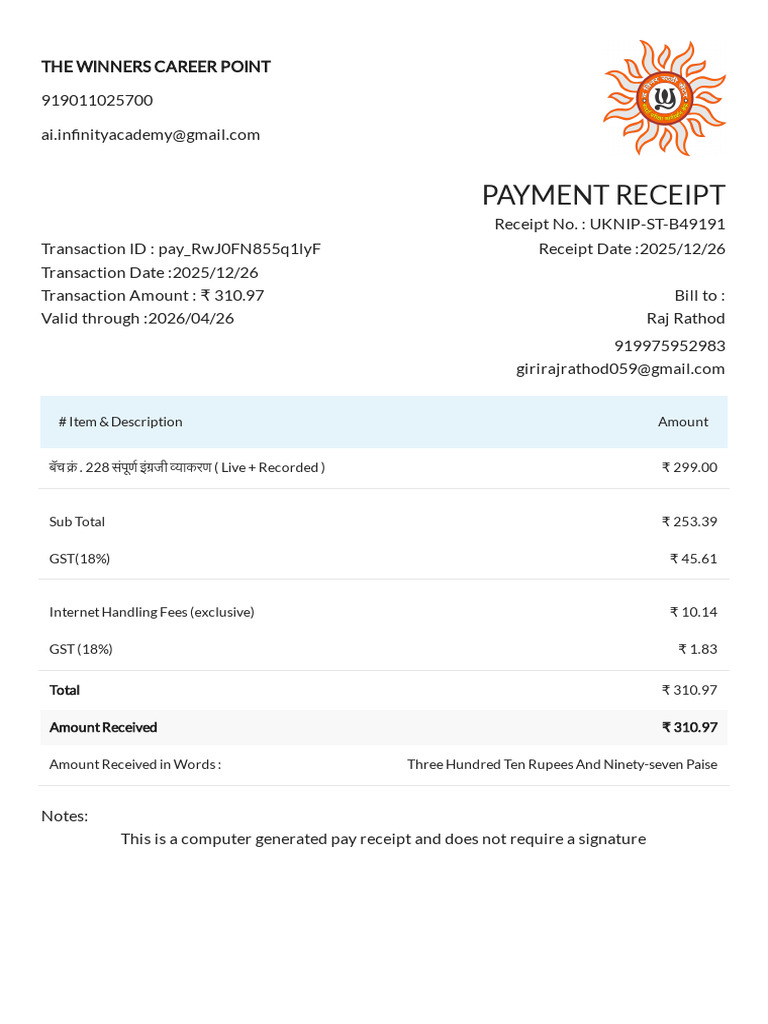Payment Receipt for English Grammar Course | PDF