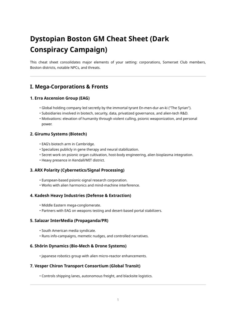 Dystopian Boston GM Cheat Sheet | PDF