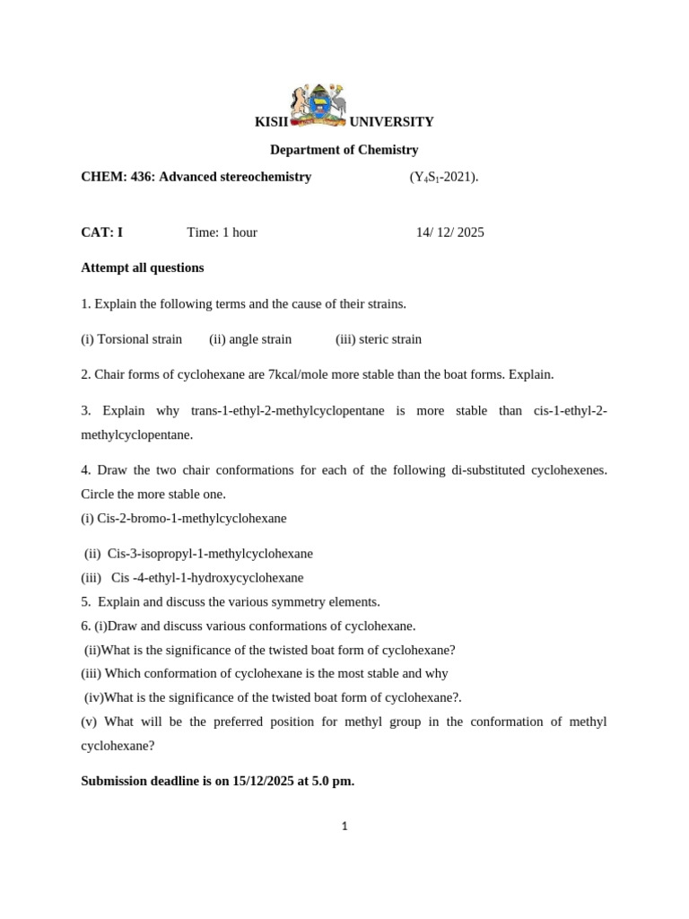 Kisii University Chem 436 CAT(14!12!2025) | PDF
