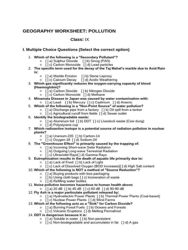 Pollution Worksheet for Class IX Geography | PDF | Pollution | Water ...
