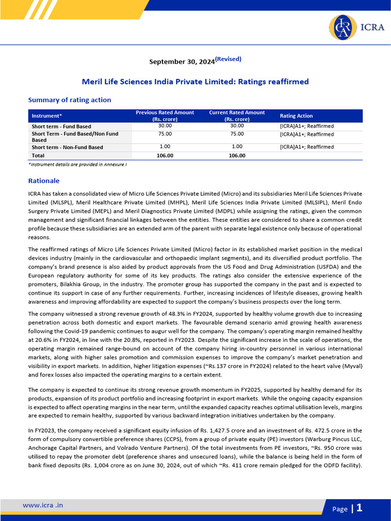 Meril Life Sciences India Private Limited | PDF | Debt | Credit Rating ...