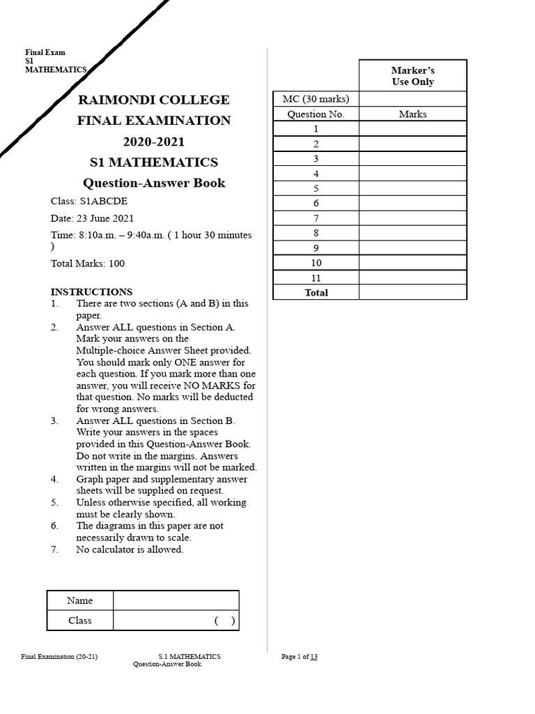 F.1 Final Exam Maths ans 2020-2021 (1).docx | PDF | Multiple Choice