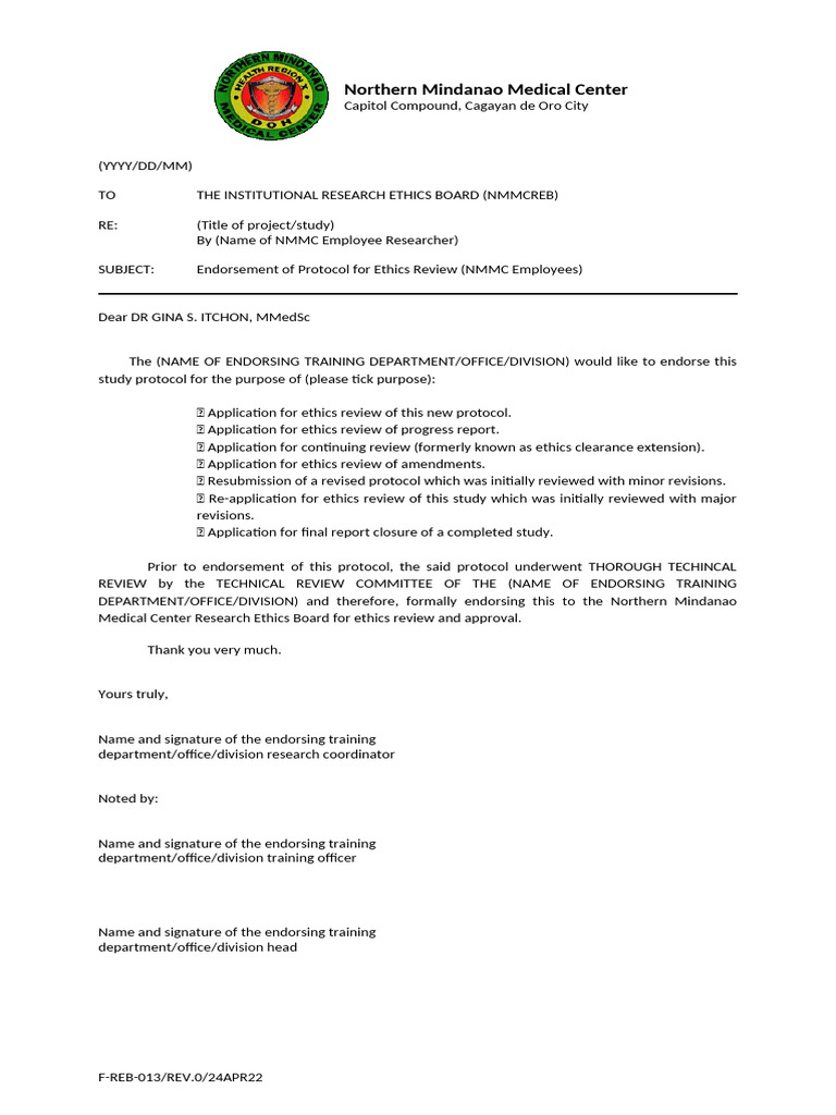 013 in House Endorsement Letter For Ethics Review Template | PDF