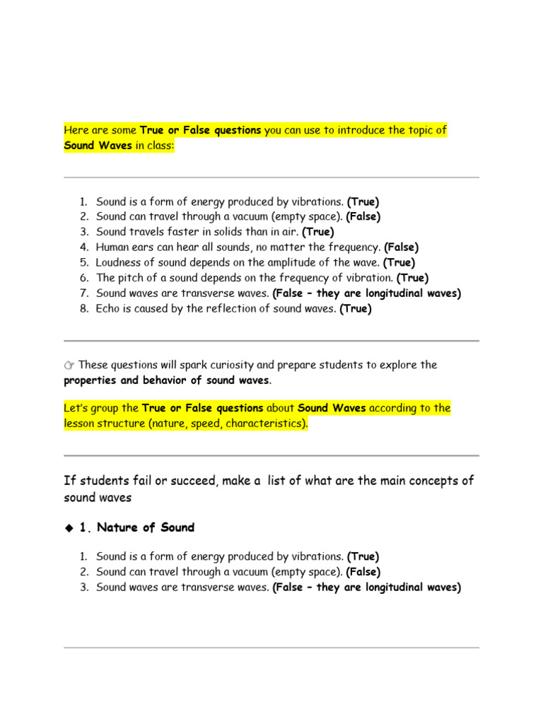 True or False Questions on Sound Waves | PDF