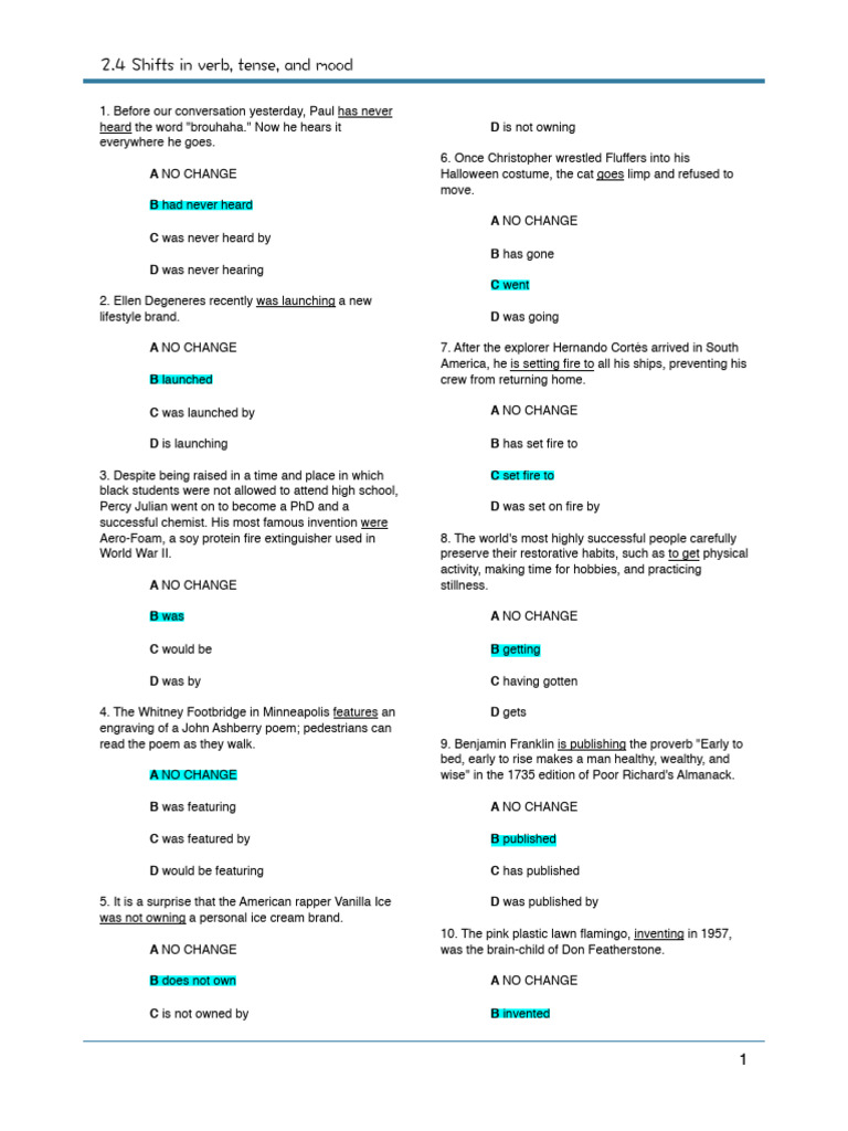 Shifts in Verb, Tense, And Mood Practice | PDF