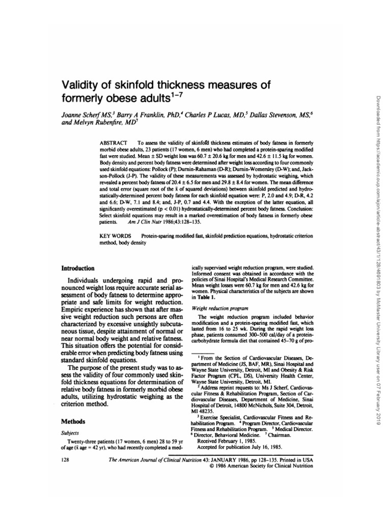 Validity of Skinfold Thickness Measures of Formerly Obese Adults | PDF ...