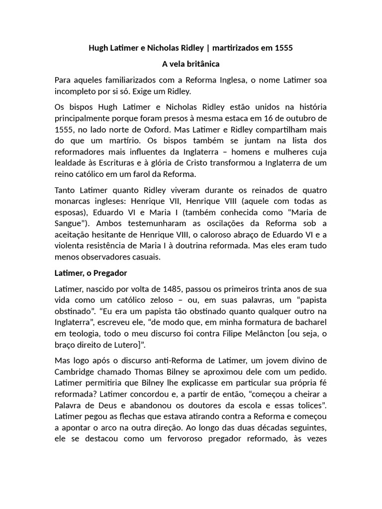 Hugh Latimer e Nicholas Ridley Martirizados em 1555 | PDF ...