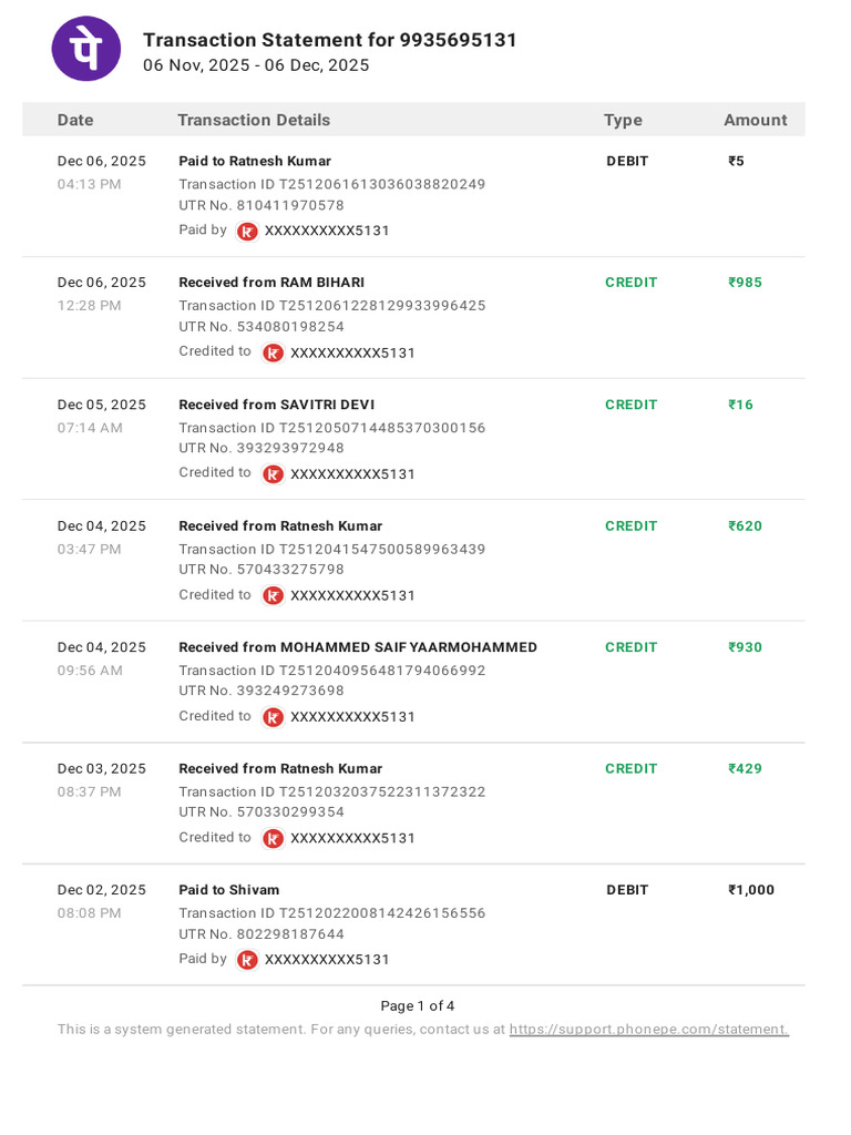 Transaction Statement for Account 9935695131 | PDF