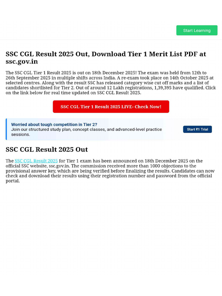 SSC CGL Result 2025 Out, Download Tier 1 Merit List PDF at Ssc.gov.in ...