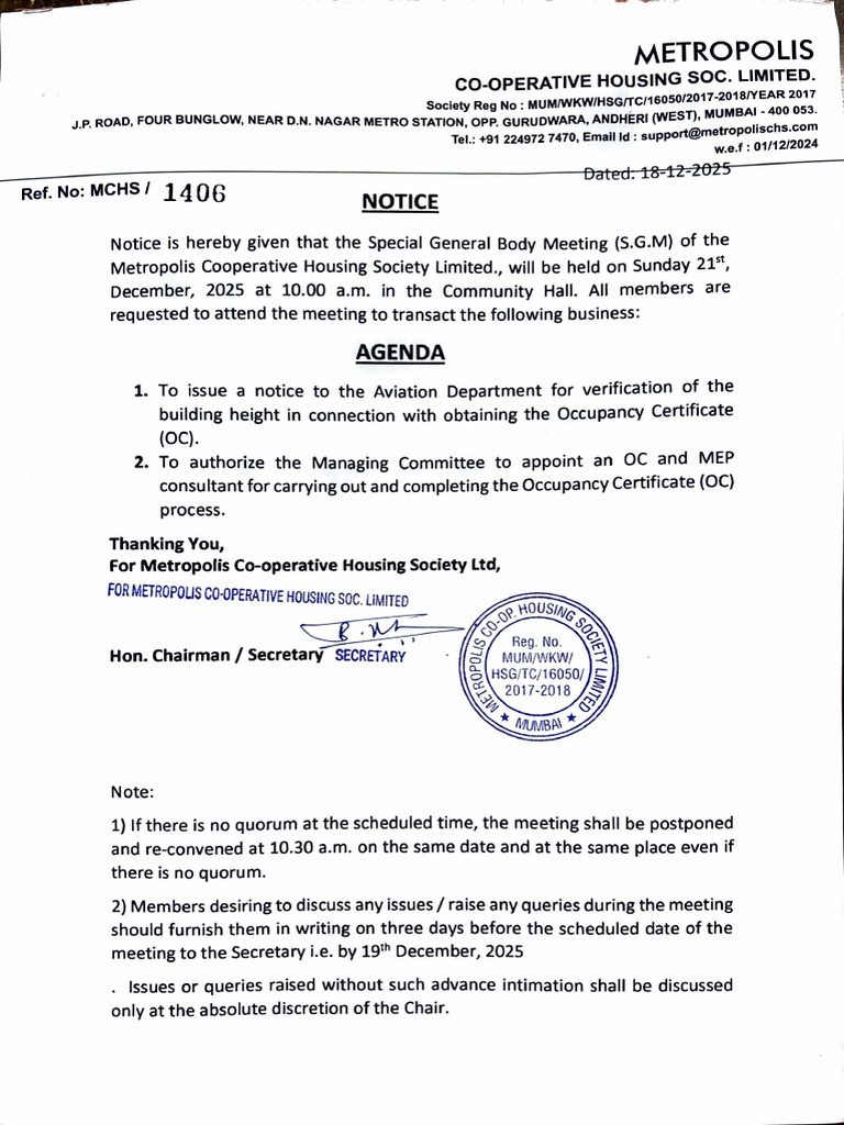 Metropolis Housing Society SGM Notice | PDF